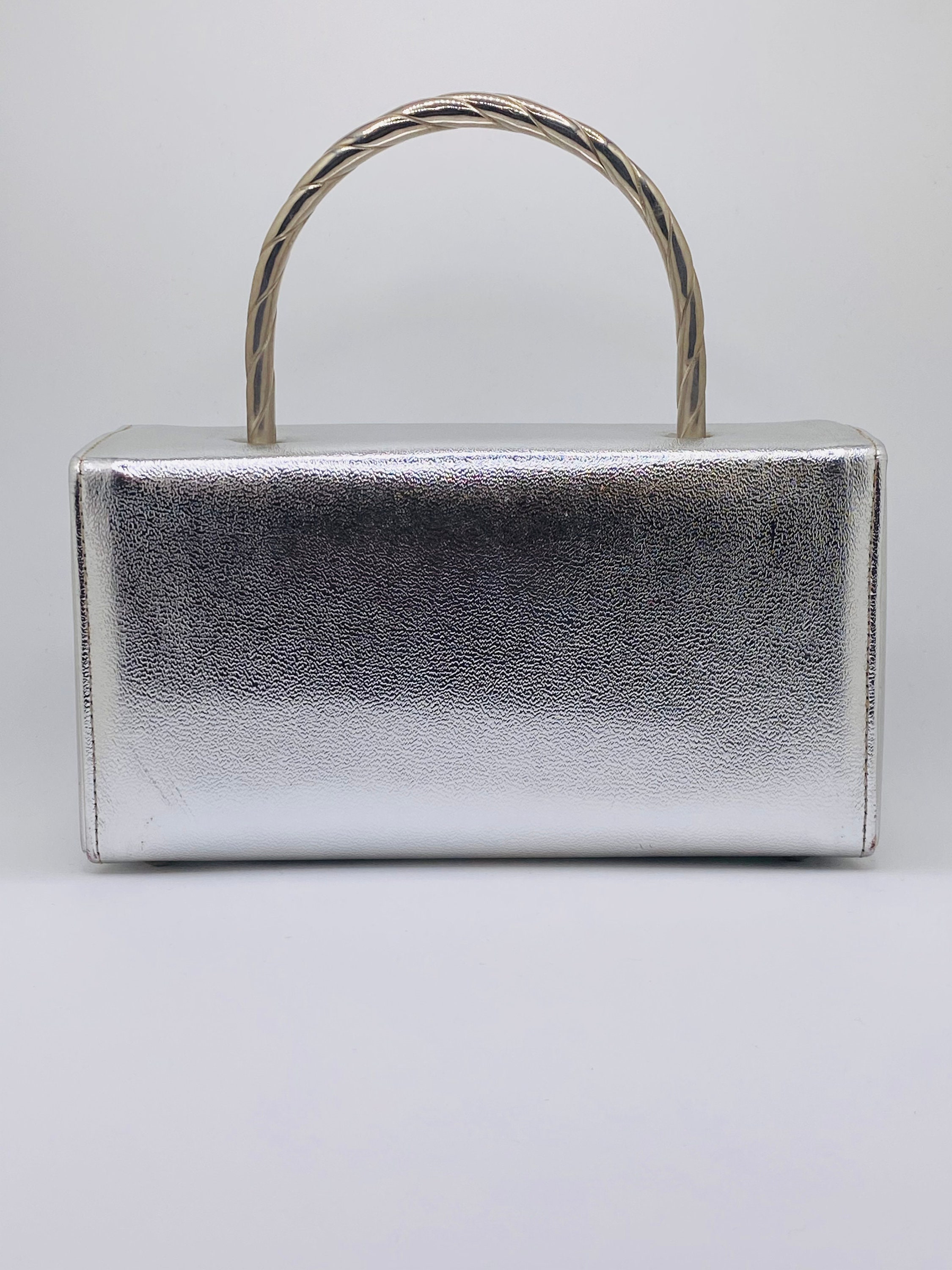 Vintage Purse Metallic Silver Leather Handbag With Metal Handle Box Bag ...