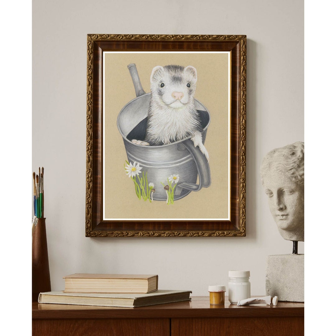 Ferret Art Print | Ferret Gardener by Clumsy Human Art | Flower ...
