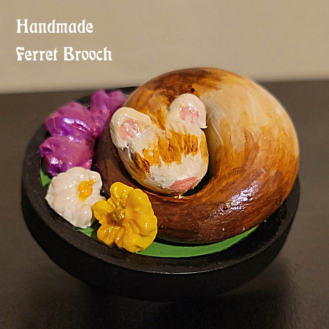 Ferret Pin Handmade Polymer Clay Art Brooch Cute Weasel With Purple ...