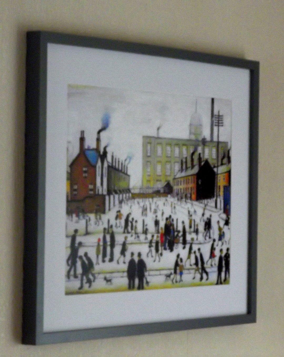 L S Lowry Art Print Mill Scene With Figures Satin Grey Frame With White ...