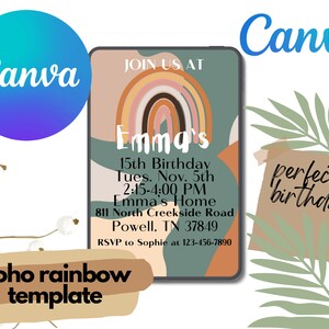 Boho Rainbow Invitation Card Canva Template | Canva Editable Template ...