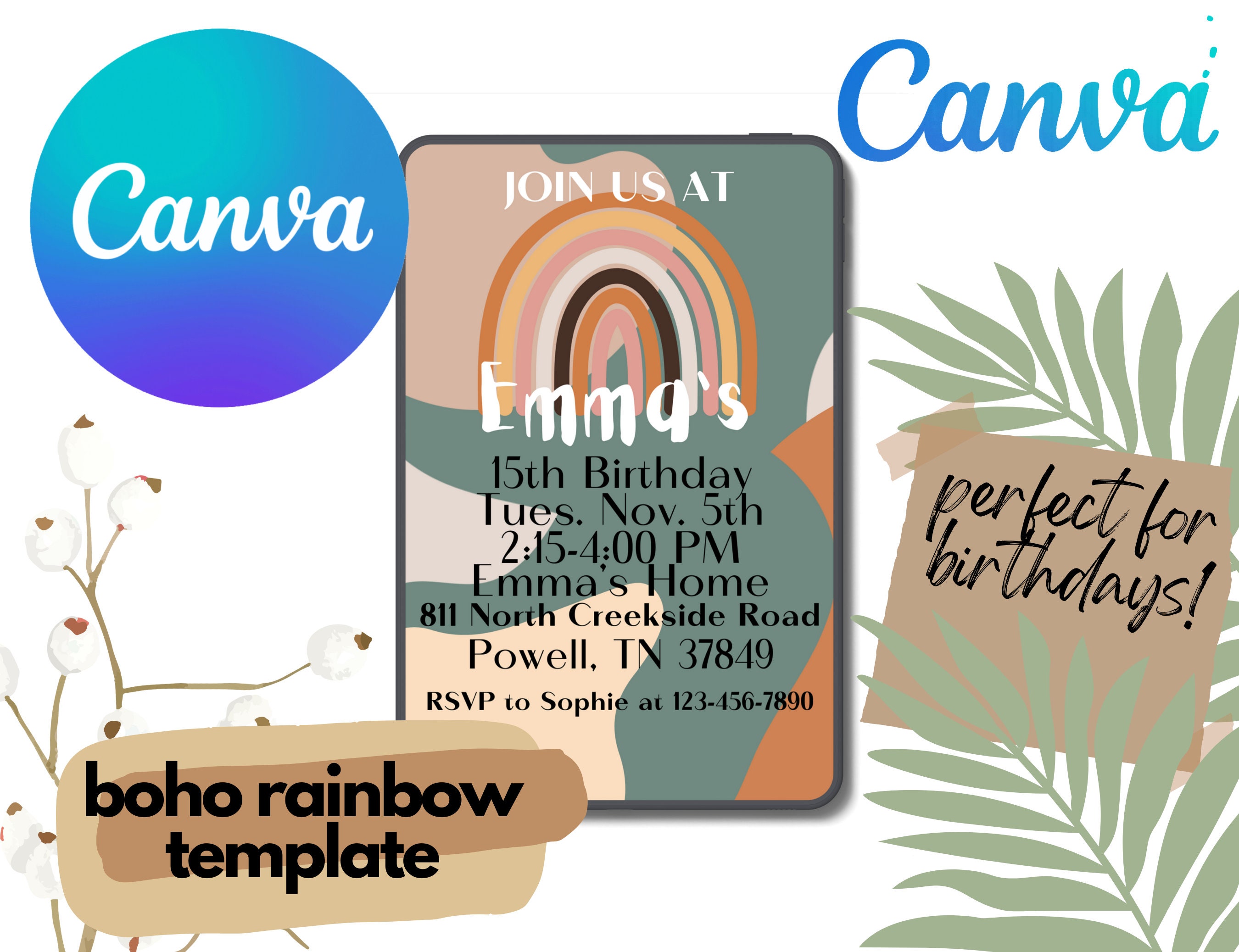 Boho Rainbow Invitation Card Canva Template | Canva Editable Template ...