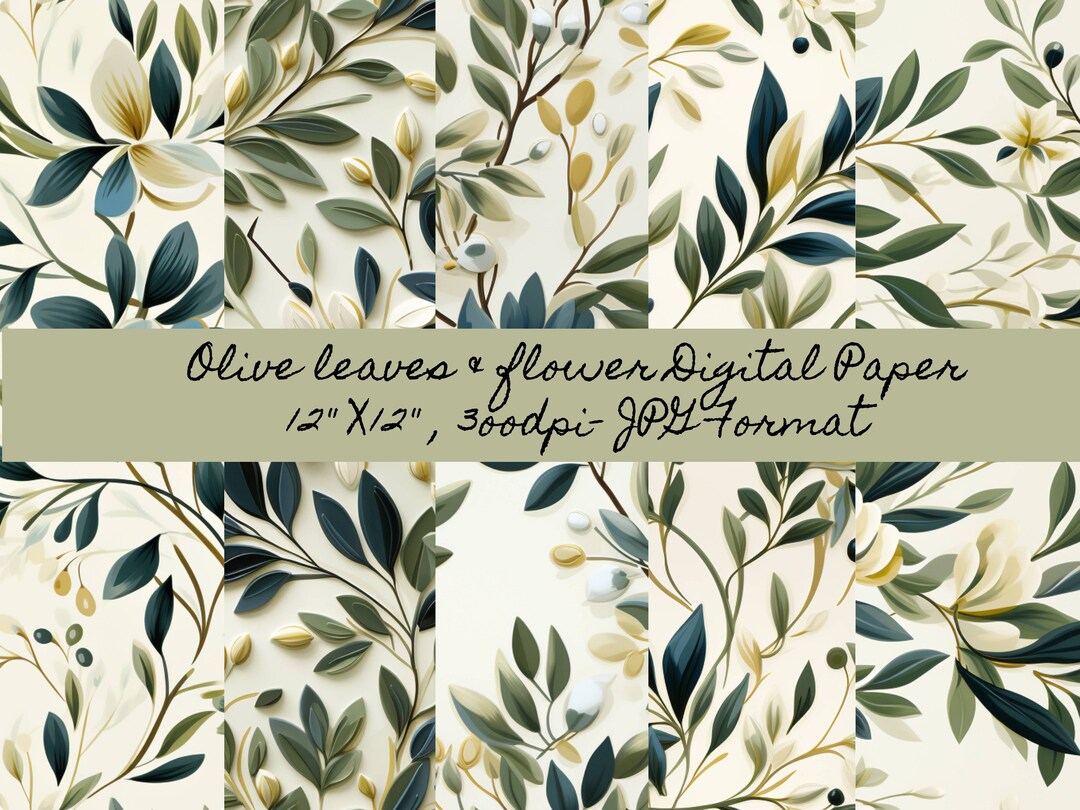 40 Olive Leaves Digital Paper, Leaves Scrapbook Collage Sheet, Green ...