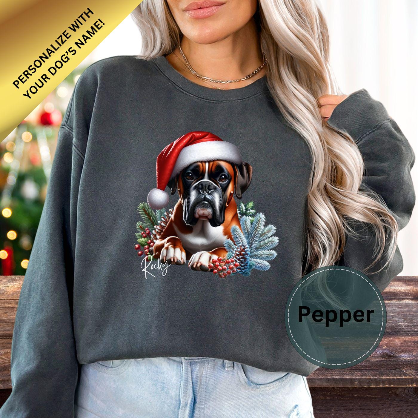 Custom Boxer Dog Santa Christmas Sweatshirt, Unisex Boxer Dog Christmas ...