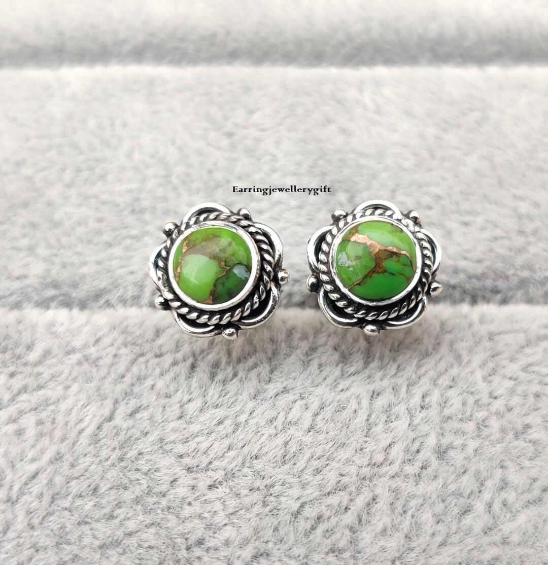 Green Turquoise Earrings, 925 Sterling Silver Stud Earrings, Gemstone ...