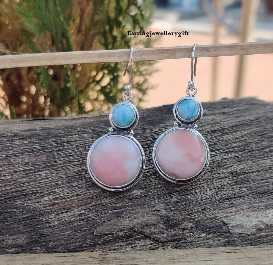 Pink Opal & Larimar Sterling Silver Earrings: Boho Gemstone Jewelry - Etsy