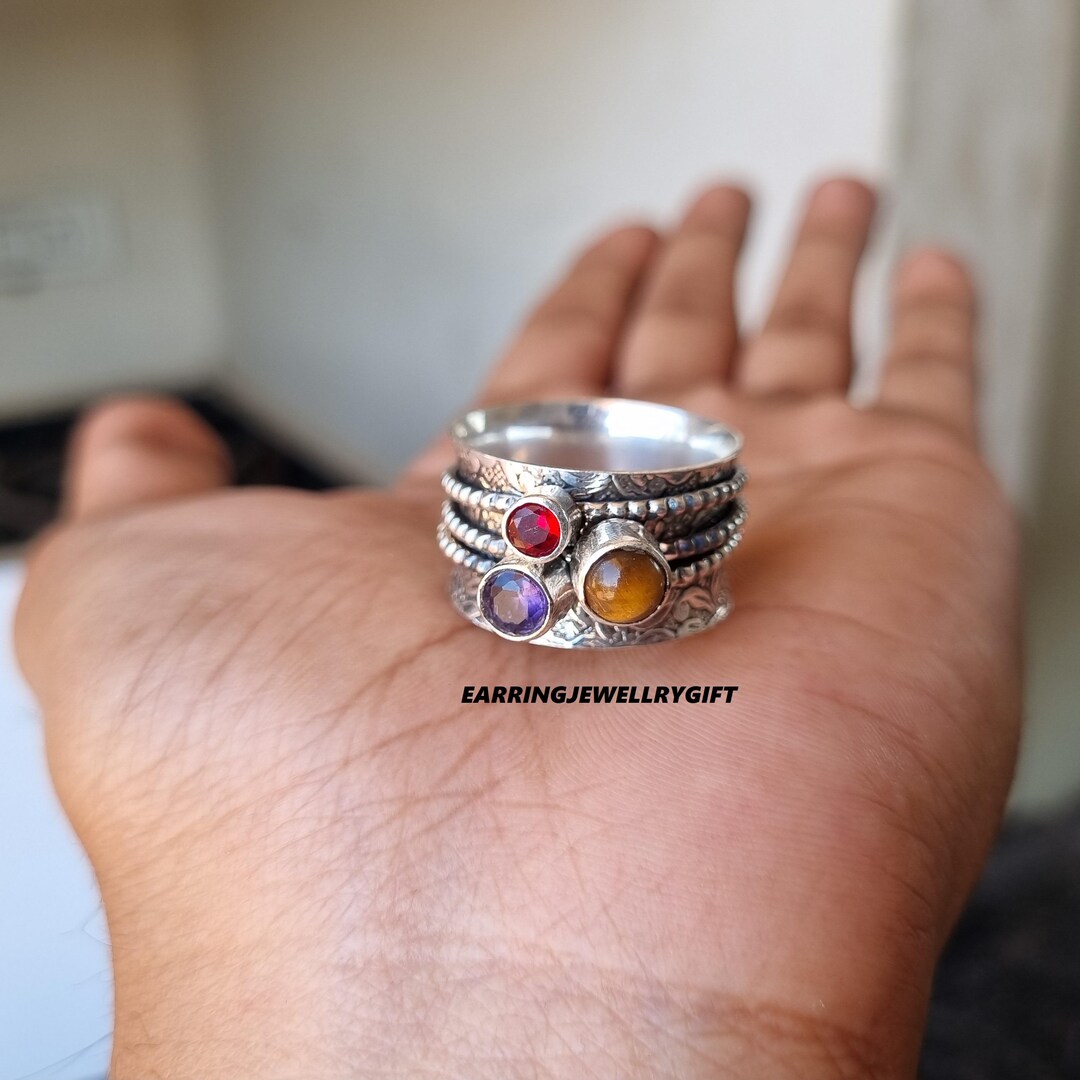 Tiger Eye Spinner Ring: Sterling Silver Garnet Amethyst Meditation Ring ...
