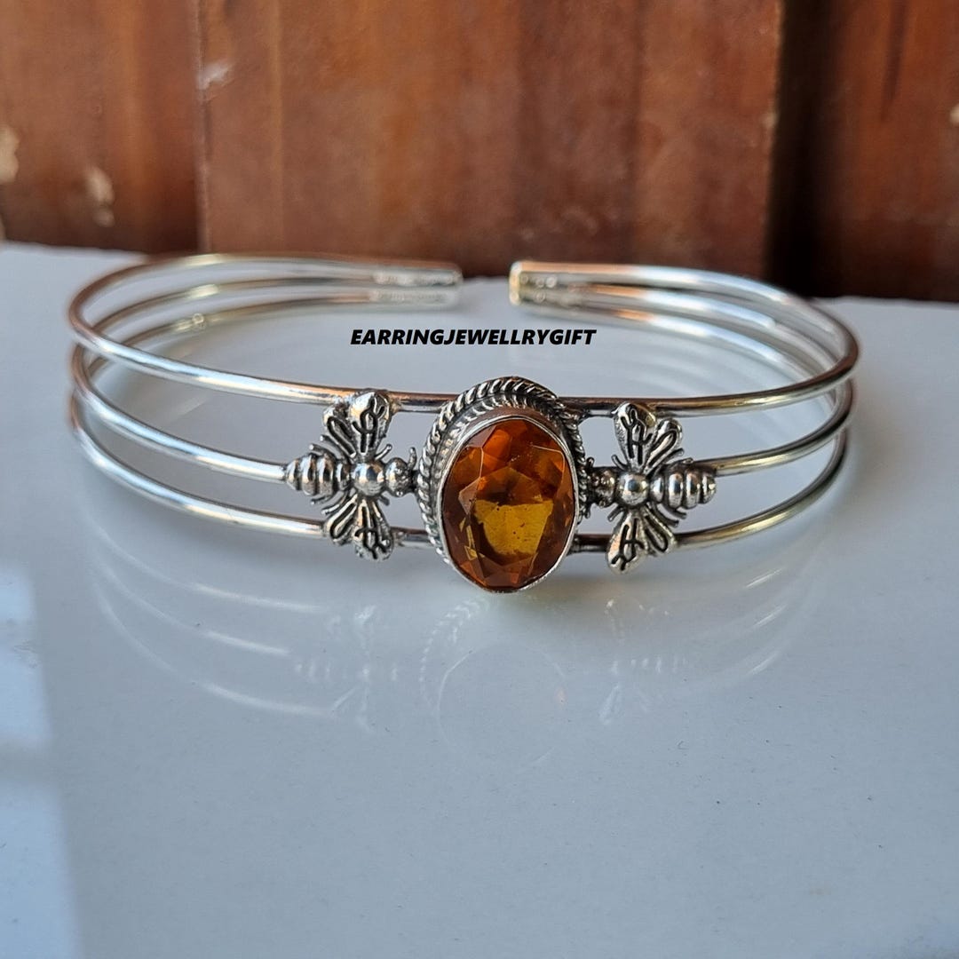 Handmade Honey Bee Citrine Bangle: Adjustable Sterling Silver Jewelry ...