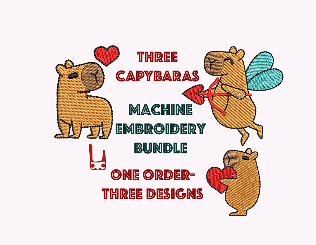 Capybara Machine Embroidery Bundle, Set of Three Capybaras With Hearts ...