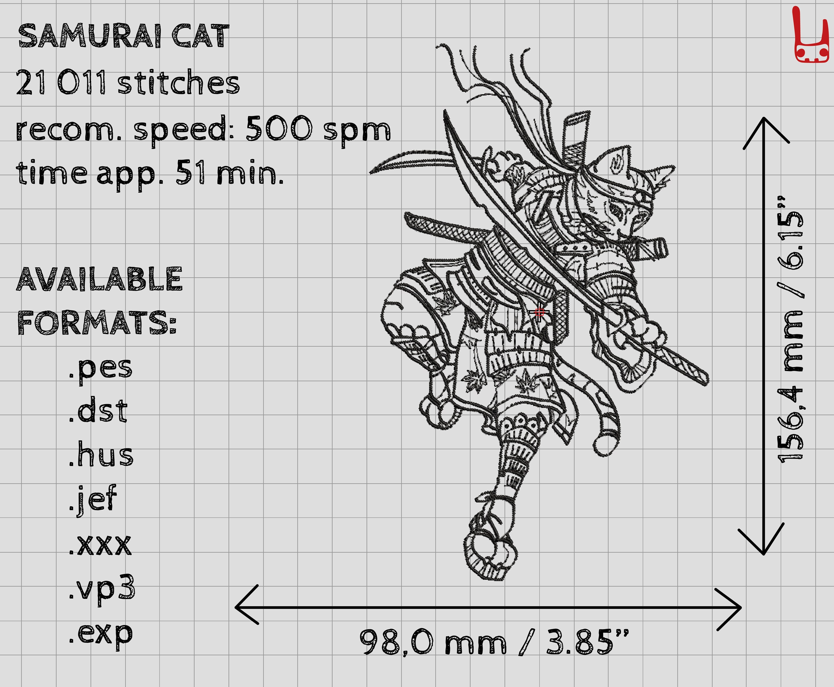 Cat Samurai Machine Embroidery Design: Black Outline (digital File) - Etsy