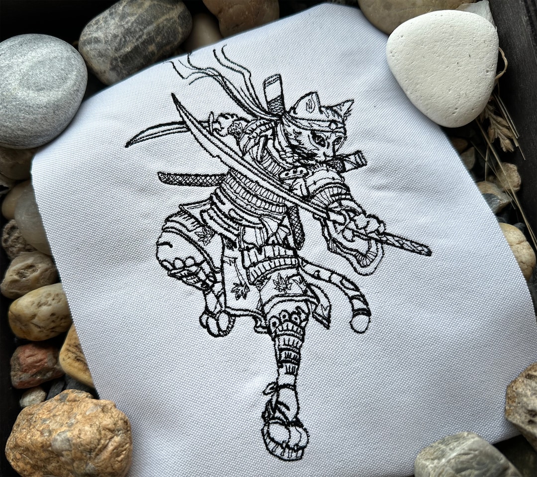 Cat Samurai Machine Embroidery Design: Black Outline (digital File) - Etsy