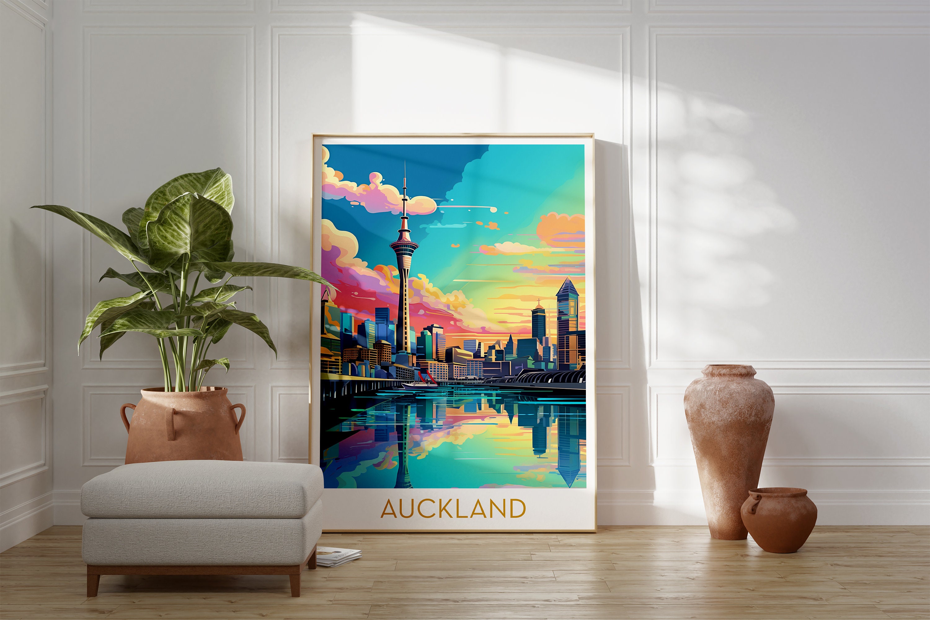 Auckland Travel Poster New Zealand Wall Art Maximal Decor Mid Century ...