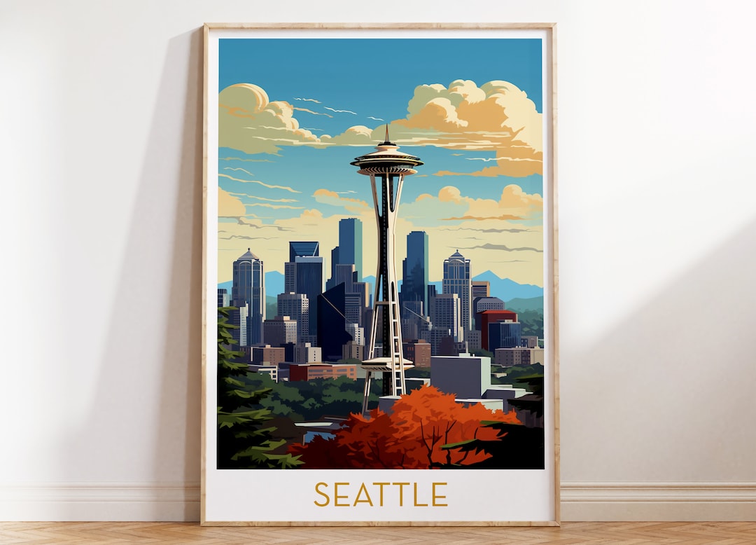 Seattle Retro Travel Poster City Skyline Print Washington Wall Art Mid ...