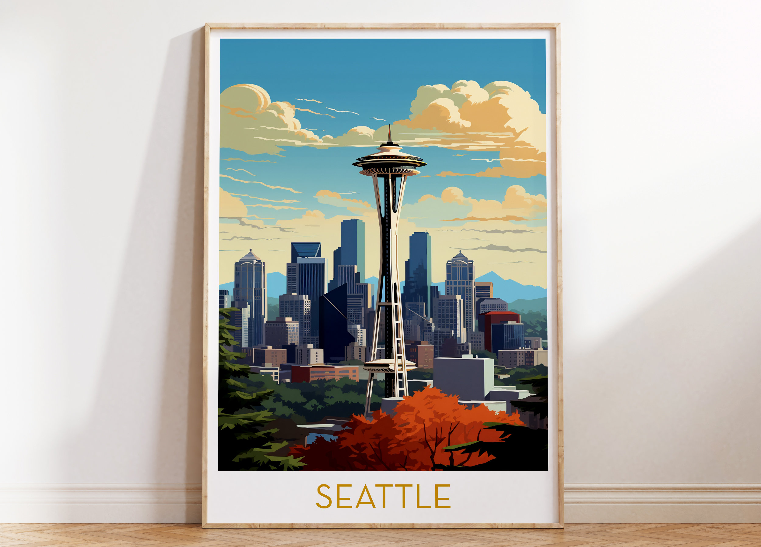 Seattle Retro Travel Poster City Skyline Print Washington Wall Art Mid ...