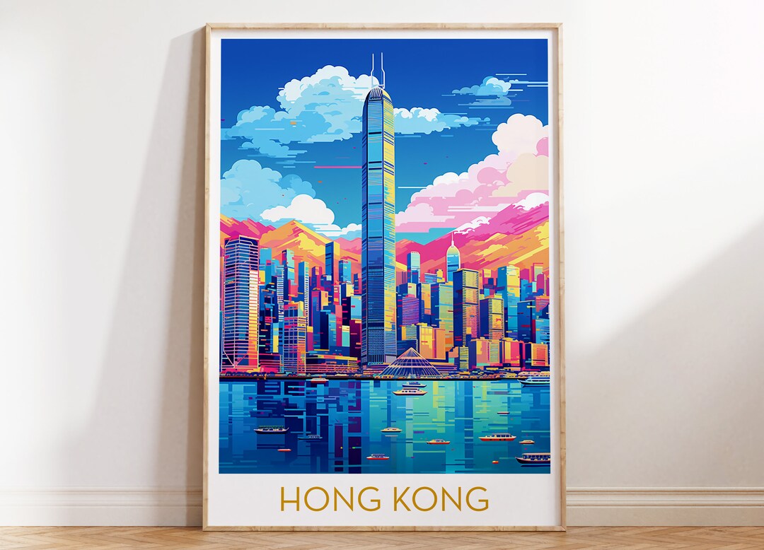 Hong Kong City Skyline Travel Poster Pop Art Maximal Decor Mid Century ...