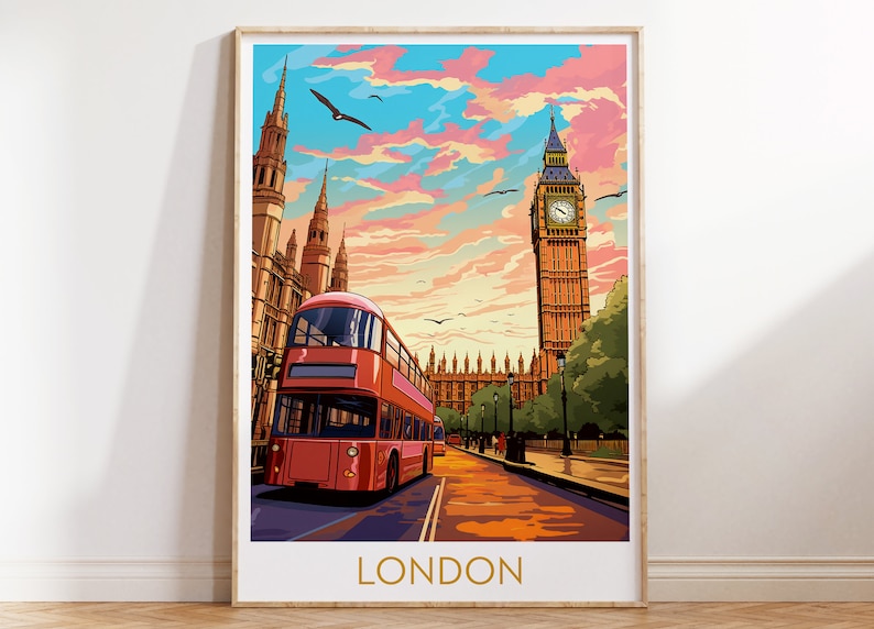 London Travel Poster Retro Wall Art England Travel Poster Printable ...