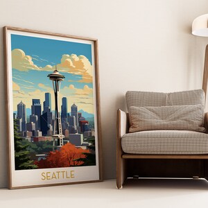 Seattle Retro Travel Poster City Skyline Print Washington Wall Art Mid ...