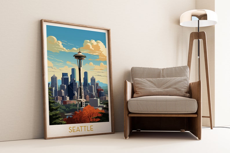Seattle Retro Travel Poster City Skyline Print Washington Wall Art Mid ...