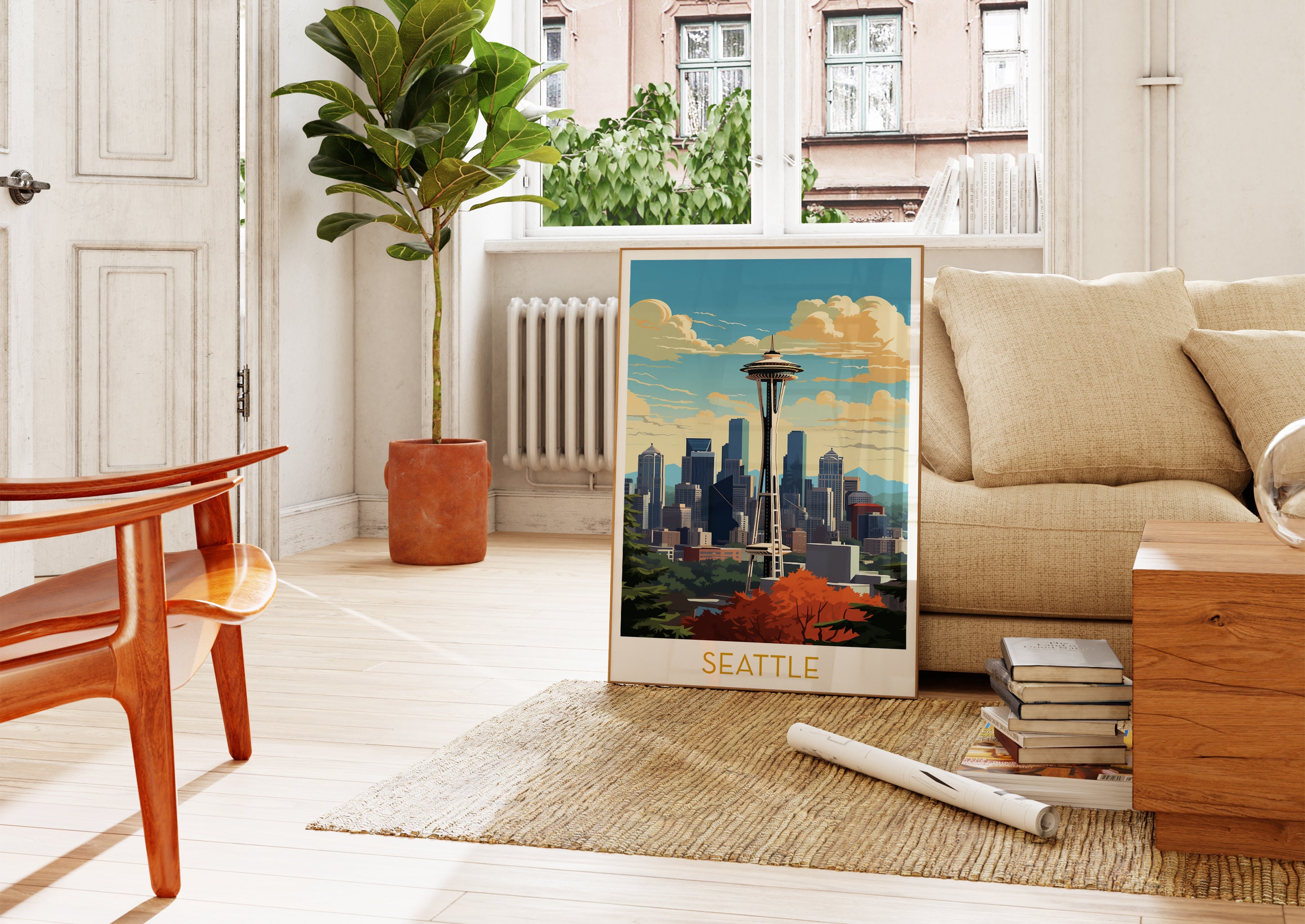 Seattle Retro Travel Poster City Skyline Print Washington Wall Art Mid ...