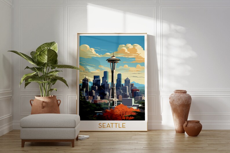 Seattle Retro Travel Poster City Skyline Print Washington Wall Art Mid ...
