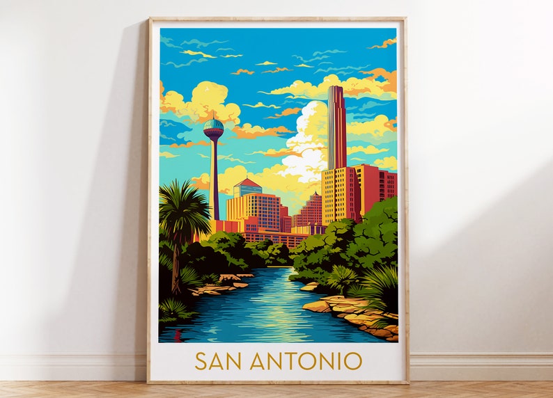 San Antonio City Skyline Print Texas Travel Poster Wall Art Maximal Mid ...