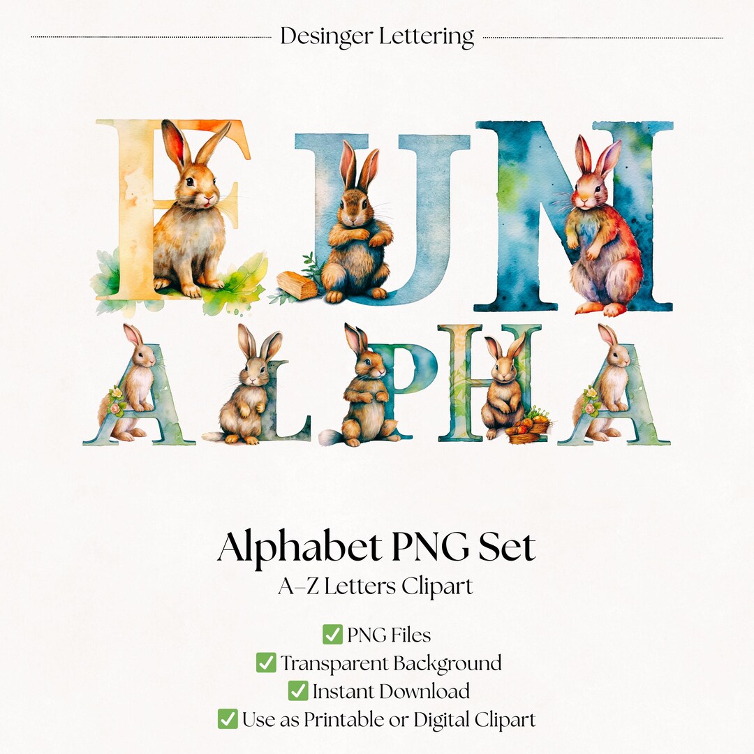 Bunny Clipart Alphabet Letters | PNG Watercolor Rabbit Images | Easter ...