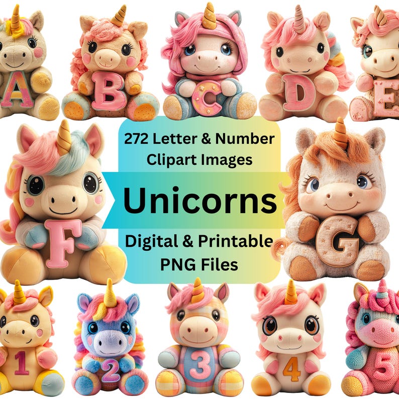 Unicorn Alphabet Clipart: Rainbow Letters & Numbers (PNG Digital ...