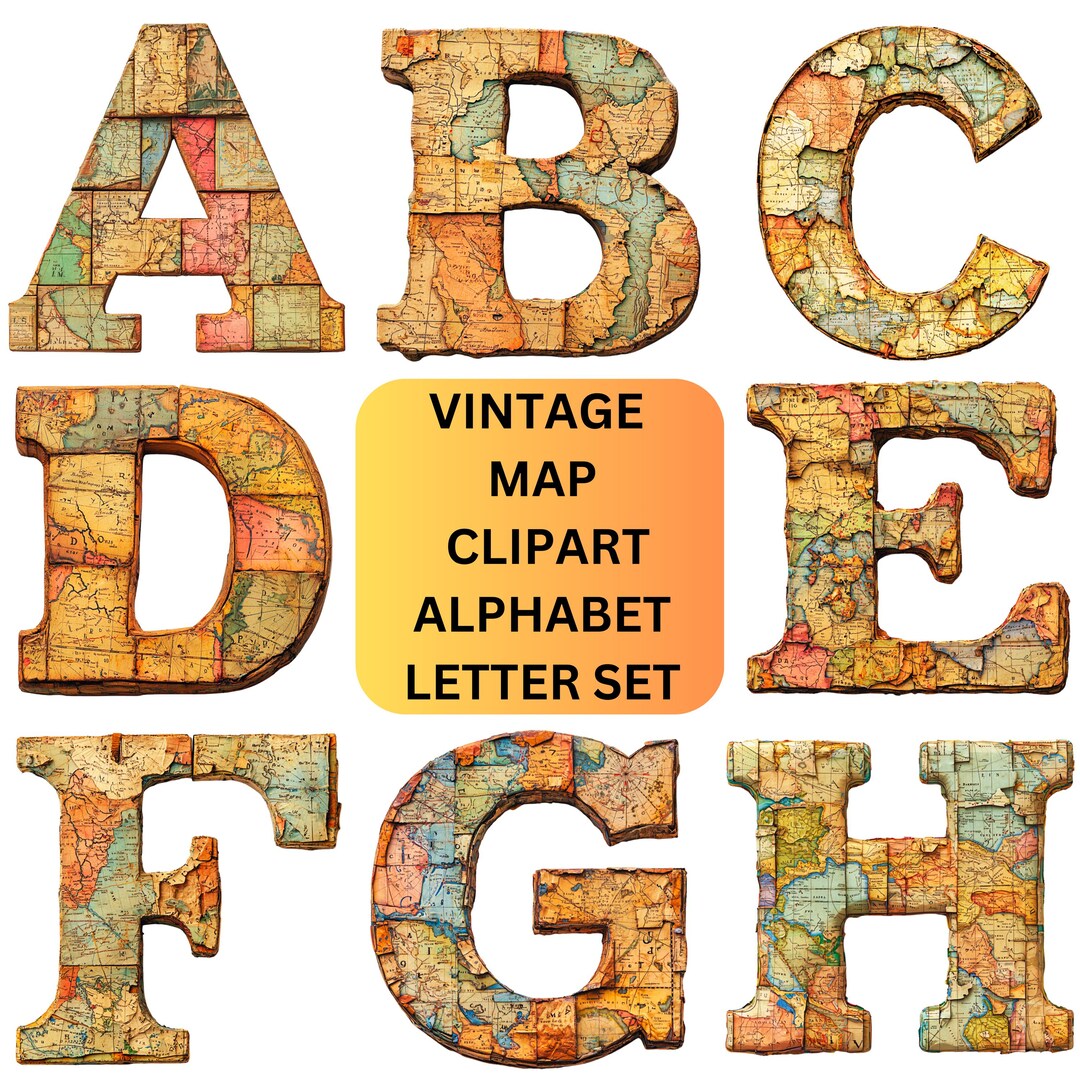 Vintage Map Alphabet Clipart: A-Z PNG Bundle (downloadable) - Etsy