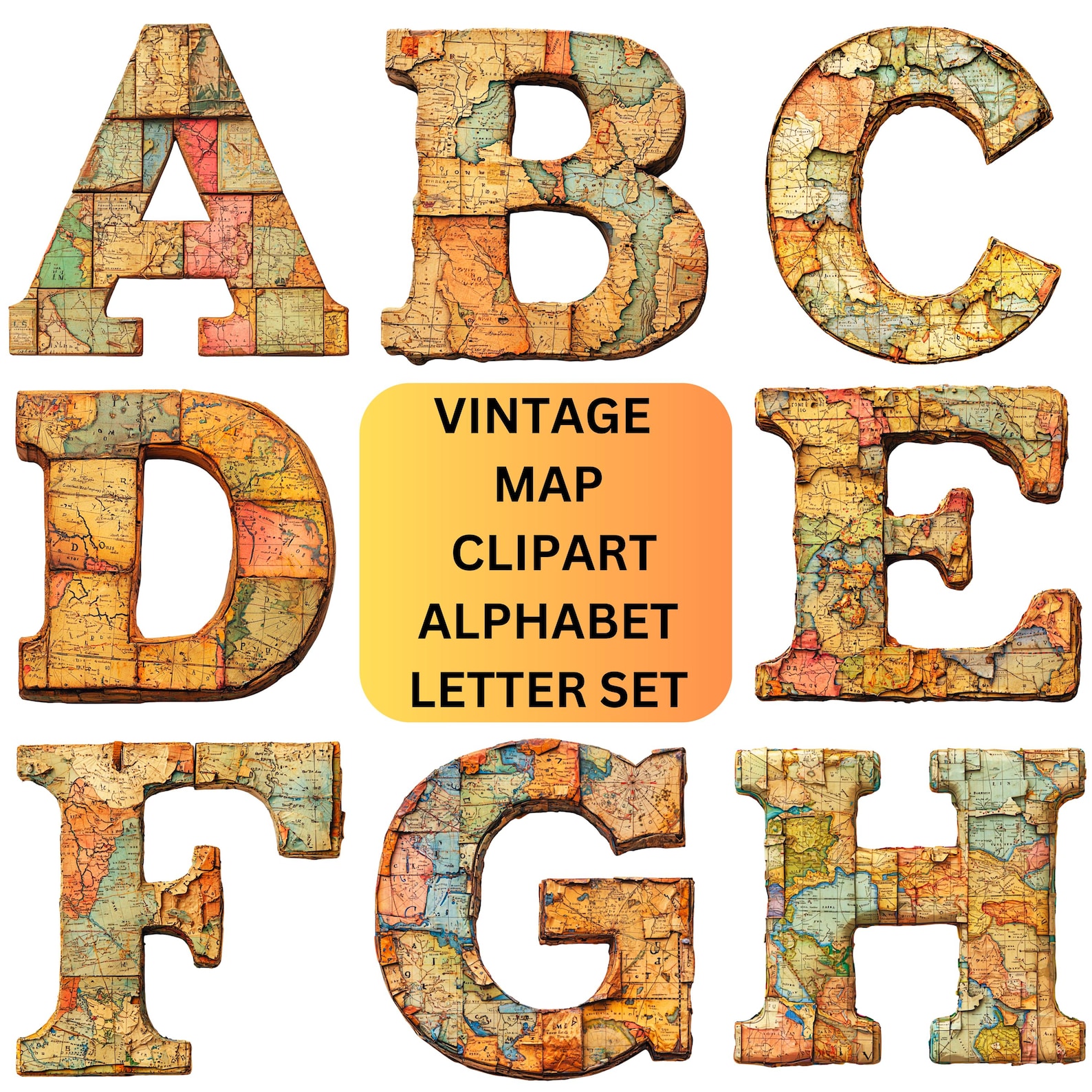 Vintage Map Clip Art PNG Files for Map Clipart Bundle, ABC Clip Art ...