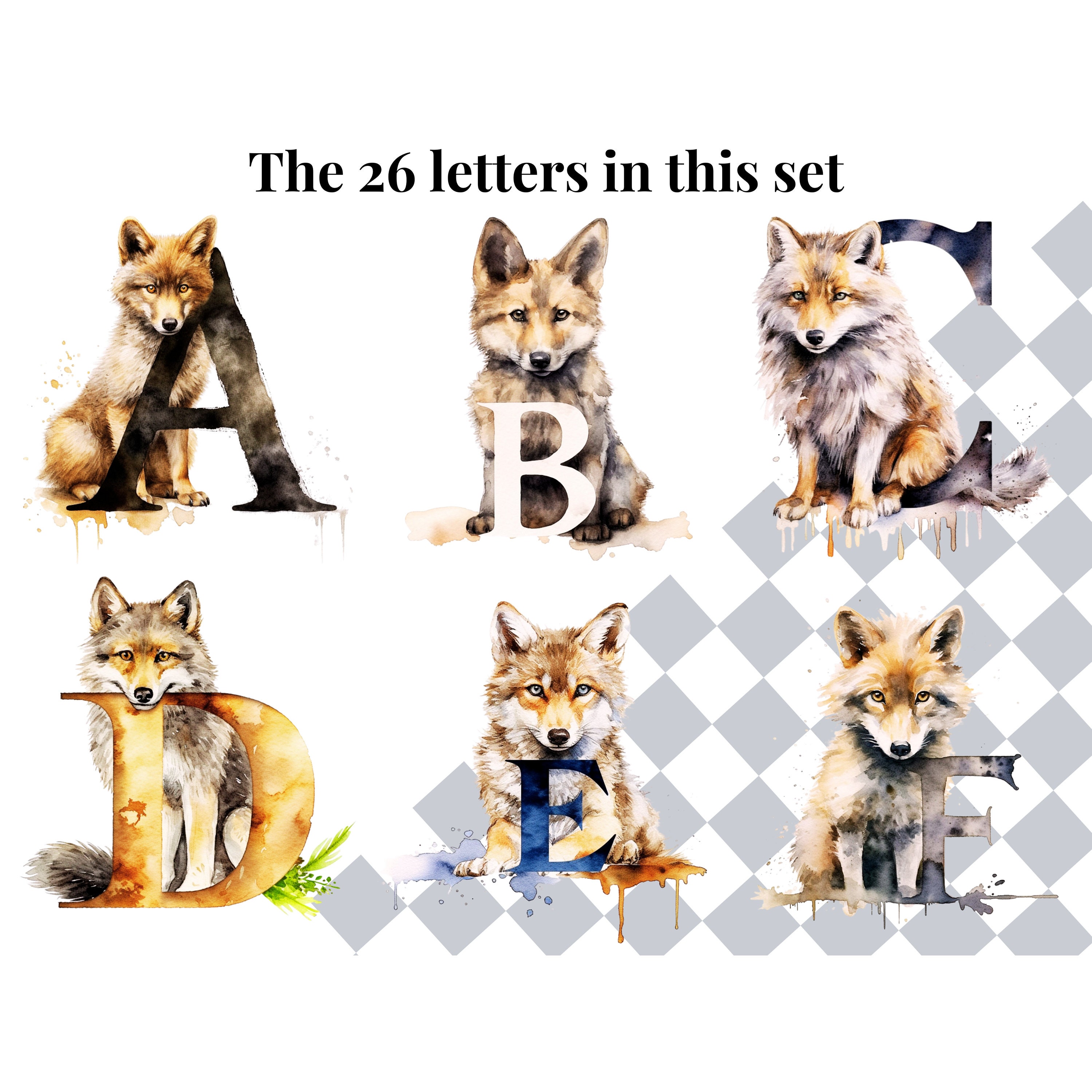 Wolf Clipart Animal Alphabet Watercolor Letters PNG for Wolves Woodland ...