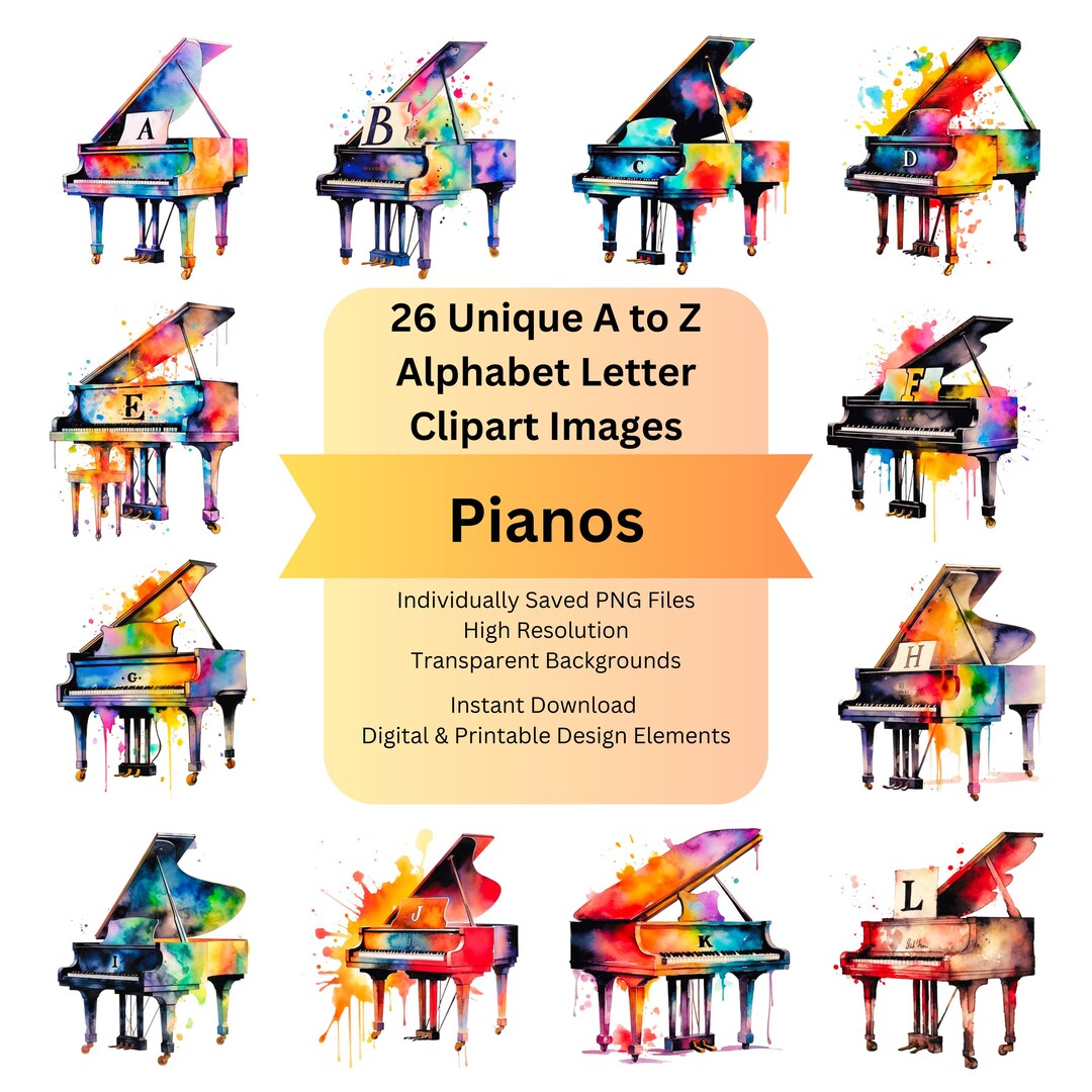 Watercolor Piano Alphabet Clipart: A-Z Letters (PNG Digital Download ...