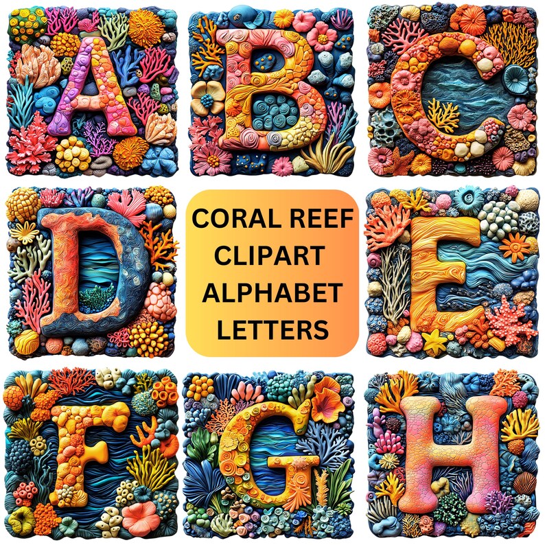 Coral Reef Alphabet Clipart: Ocean Themed PNG Letters (digital Download ...