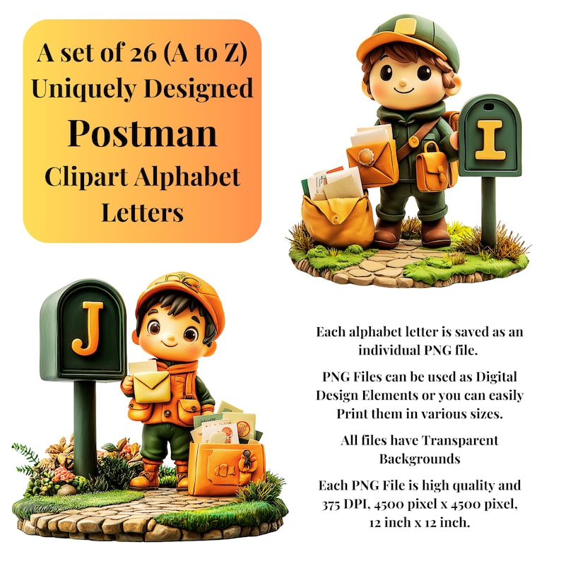 Postman Clipart Alphabet Letters, PNG Postal Worker Cute Alphabet Font ...