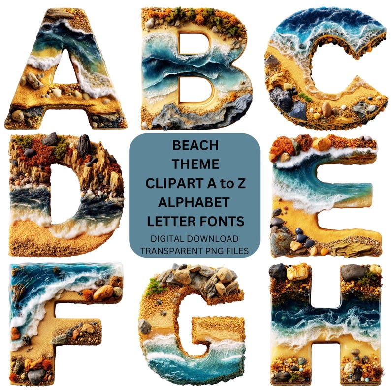 Beach Clipart Alphabet Letters | PNG Ocean Fonts | Sand Typography ...
