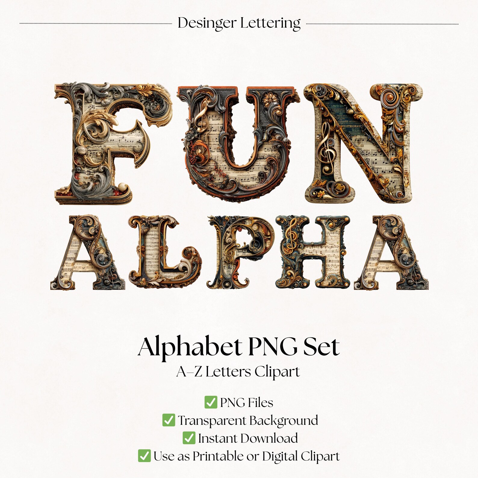 Music Clipart Alphabet Letters | Retro Musical Font PNG Files | Digital ...