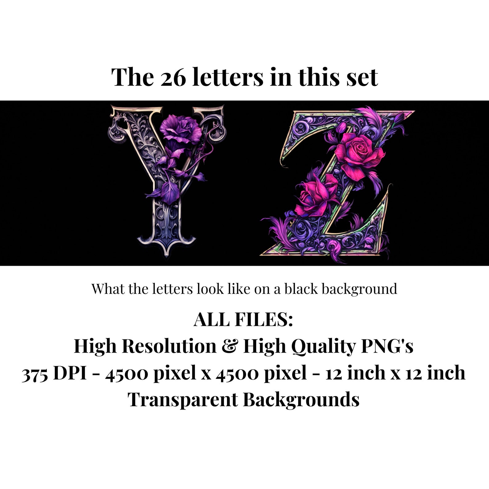 Gothic Rose Clipart Letters | Purple Floral Alphabet Lettering PNG ...