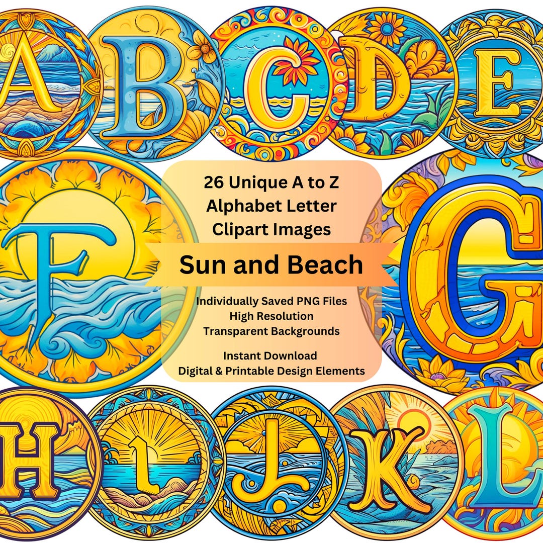 Digital Clipart Sun and Beach Boho Alphabet PNG for Cute Fonts for ...