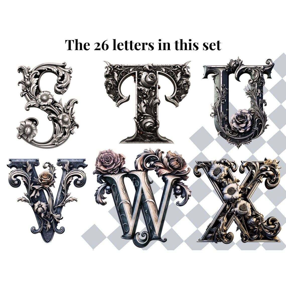 Gothic Clipart Alphabet Letters PNG Files for Silver Rose Floral ...