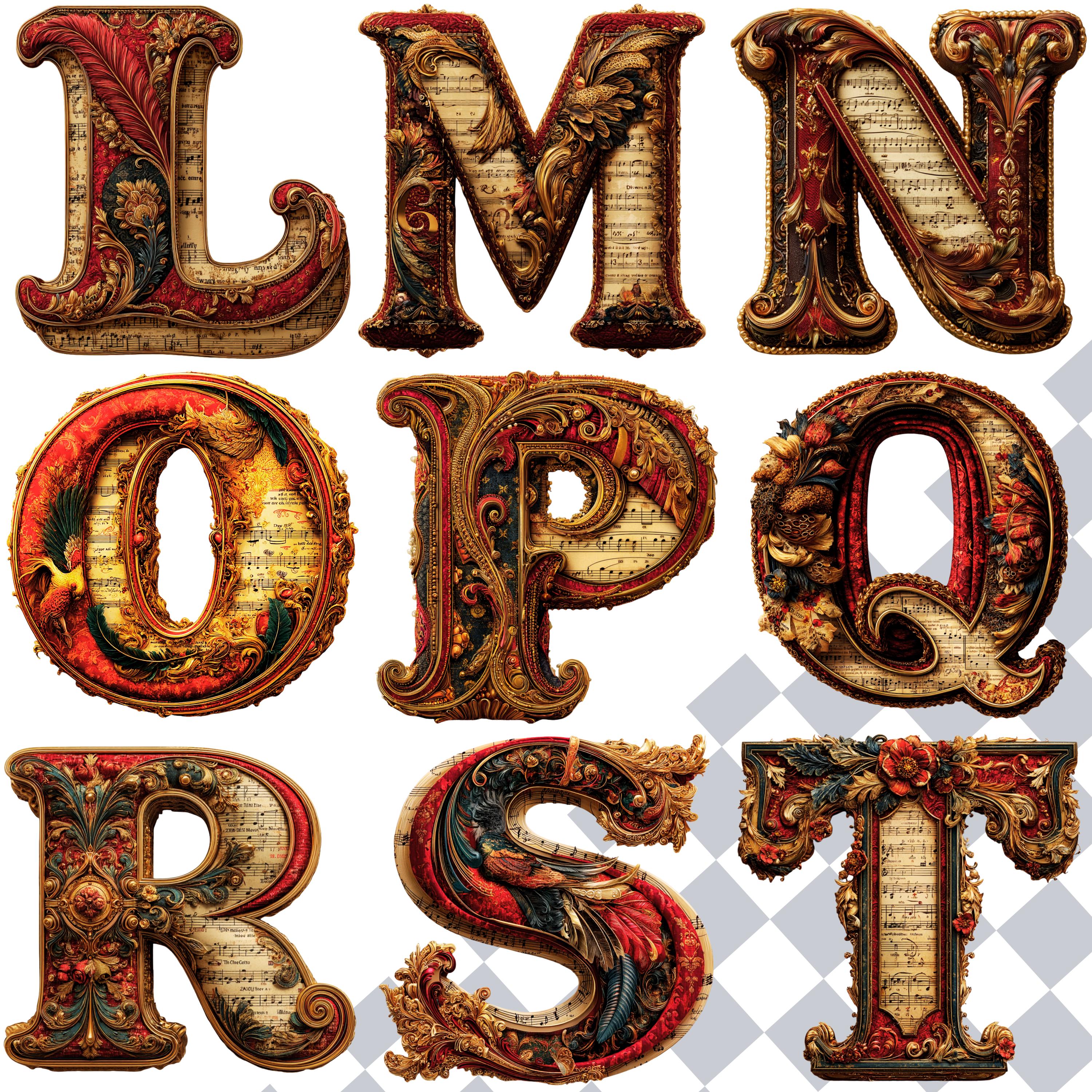 Red and Gold Music Alphabet Letter PNG Bundle, Clip Art Letters for ...