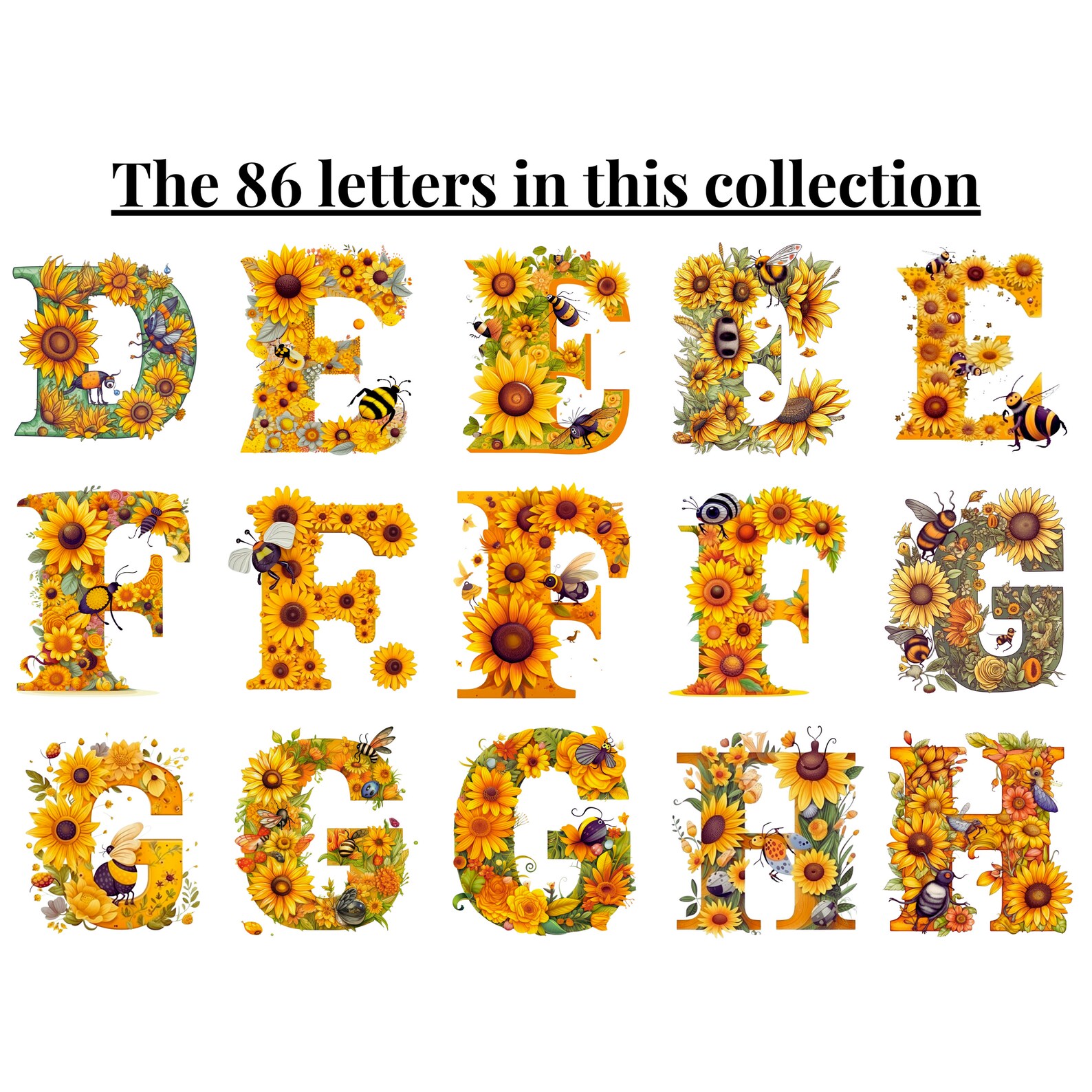 Bee and Sunflower Clipart Alphabet Letters PNG Files for Floral Digital ...