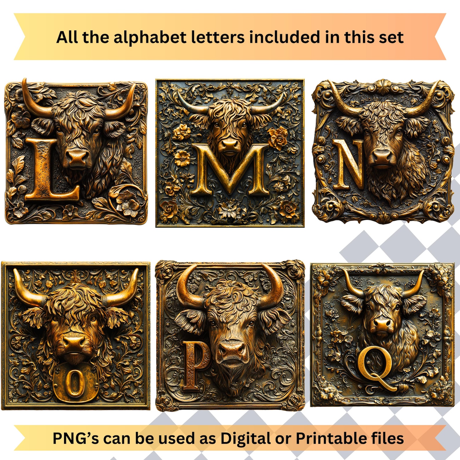 Highland Cow Clipart Farm Animal PNG Alphabet Letters for Fonts for ...