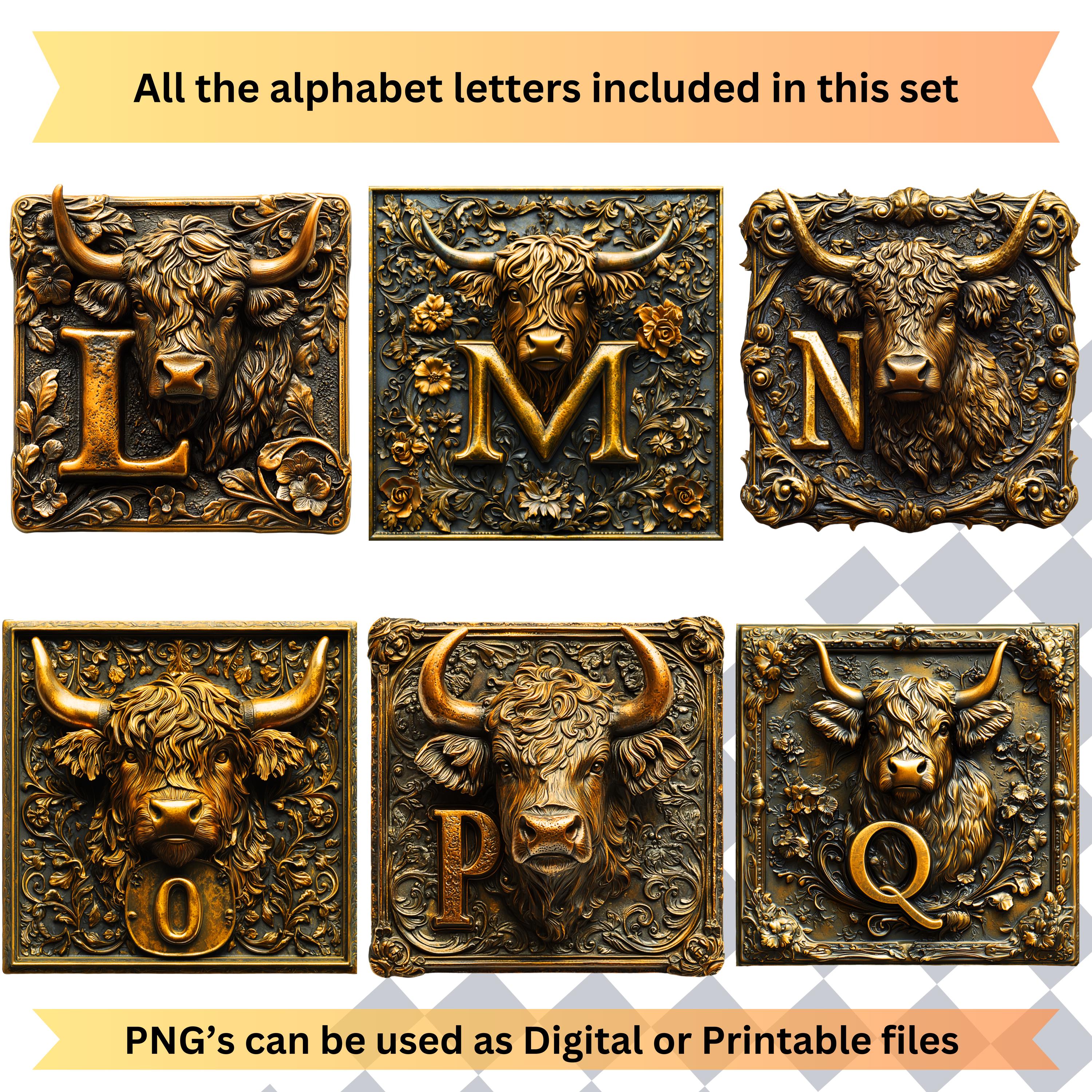 Highland Cow Clipart Farm Animal PNG Alphabet Letters for Fonts for ...