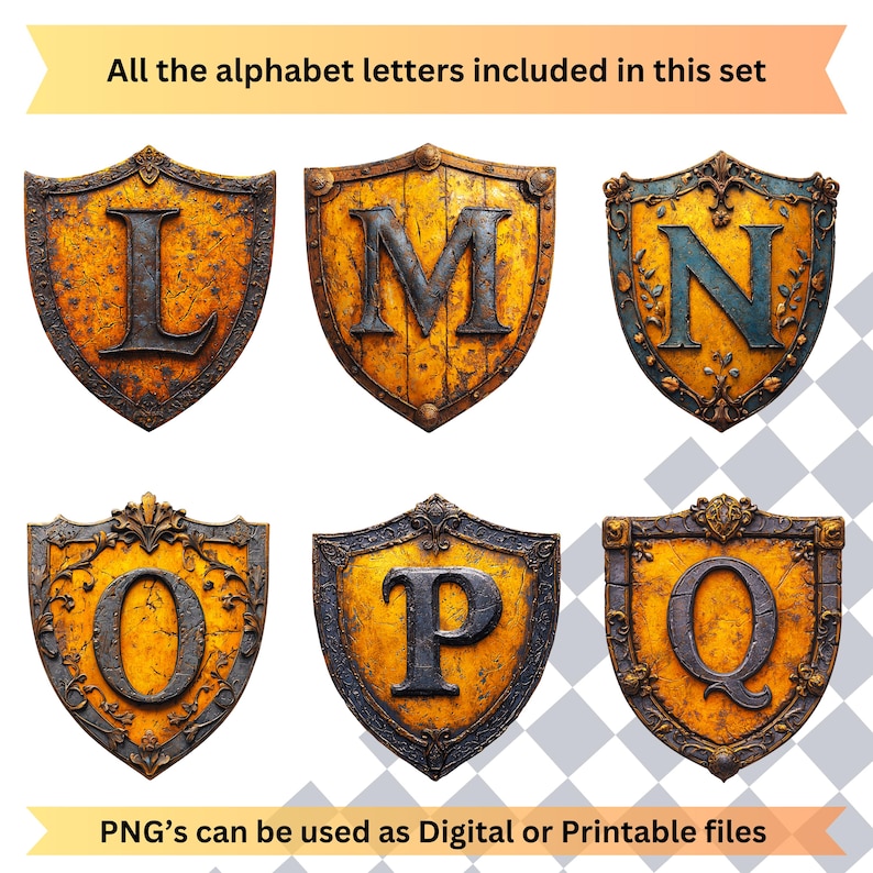 Shield PNG Clipart Alphabet Letters | Yellow Medieval Font | Fantasy ...