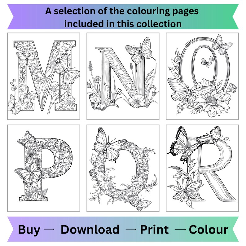 Butterfly Alphabet Coloring Pages: Floral Nature Art Printable PDF ...
