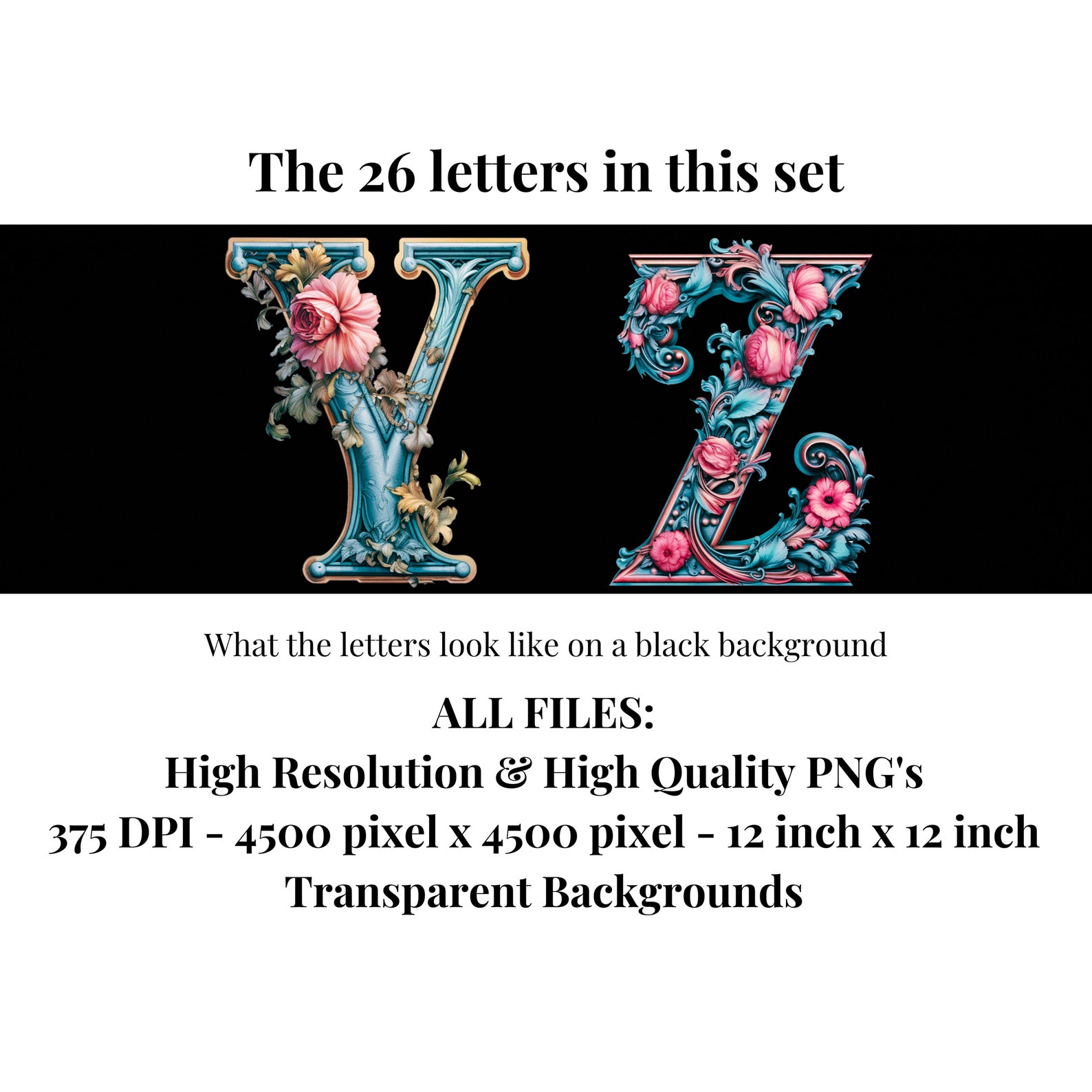 Gothic Floral Alphabet Clipart: Pastel Rose Letters (PNG Digital ...