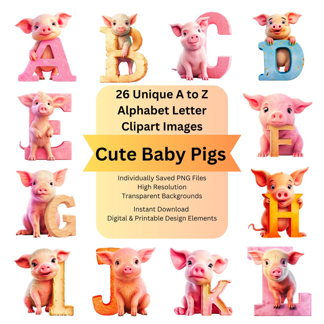 Pig Alphabet Clipart: A-Z Farmhouse Letters, Commercial Use (PNG ...