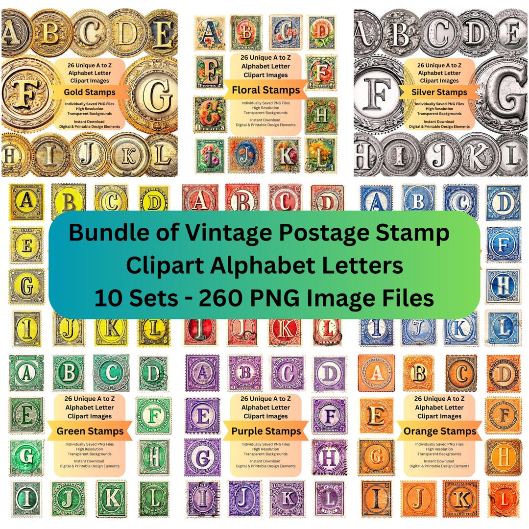 Vintage Postage Stamp Clipart Alphabet: 260 PNG Letters (digital ...