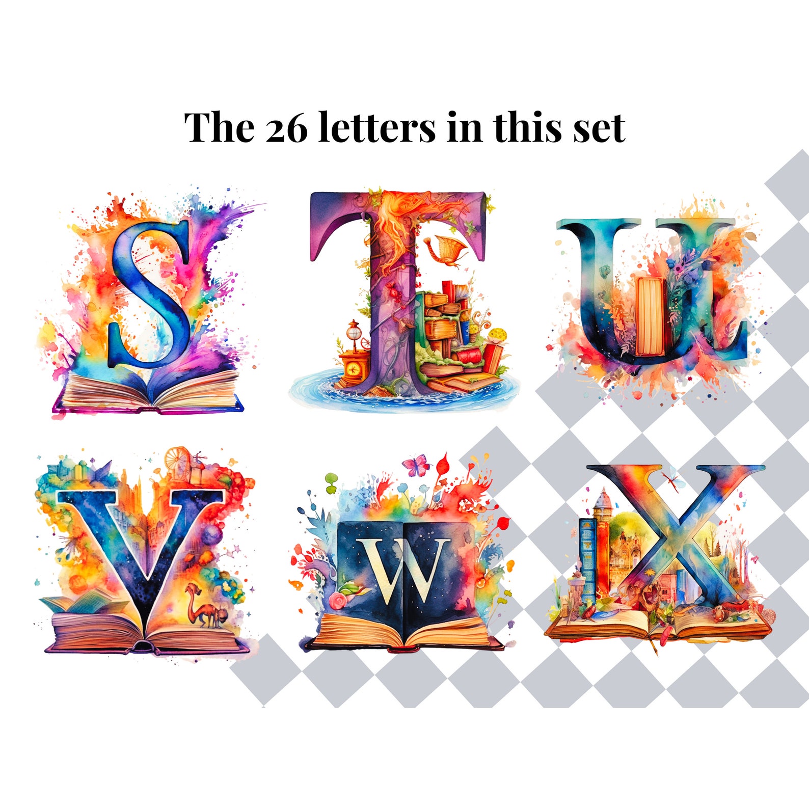 Library Book Clipart Alphabet Letters PNG Files for Watercolor Digital ...