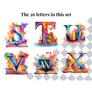 Library Book Clipart Alphabet Letters PNG Files for Watercolor Digital ...