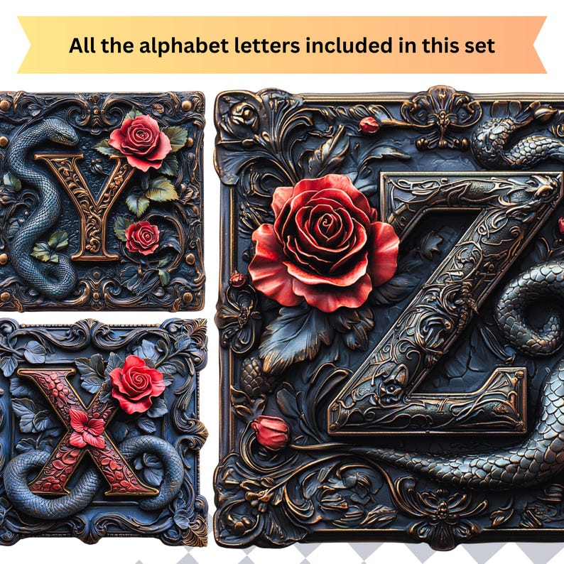 Gothic Snake & Red Rose Alphabet Clipart: Goth PNG Letters (digital ...